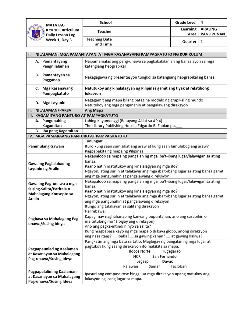 DLL Matatag AP - 4 - Q1 - W1 - Day 3 | PDF