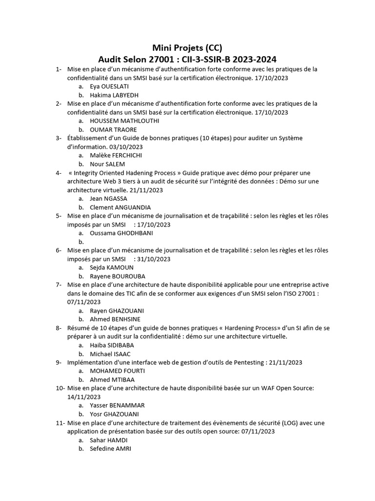 Mini Projets 2023 2024 Audit 27001 CII SSIR B | PDF