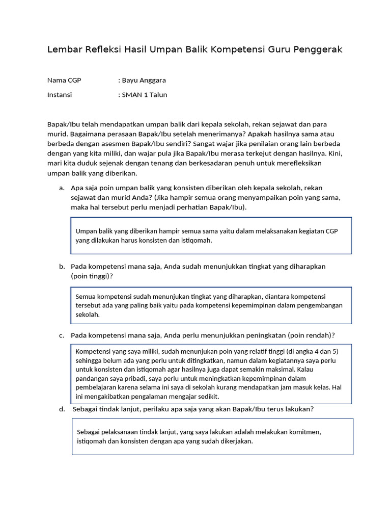 Lembar Refleksi Hasil Umpan Balik Kompetensi Guru Penggerak | PDF
