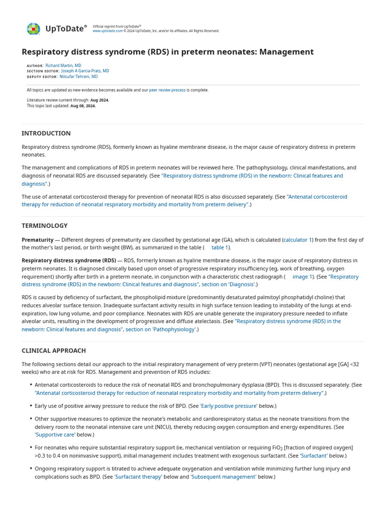 Respiratory distress syndrome (RDS) in preterm neonates_ Management ...
