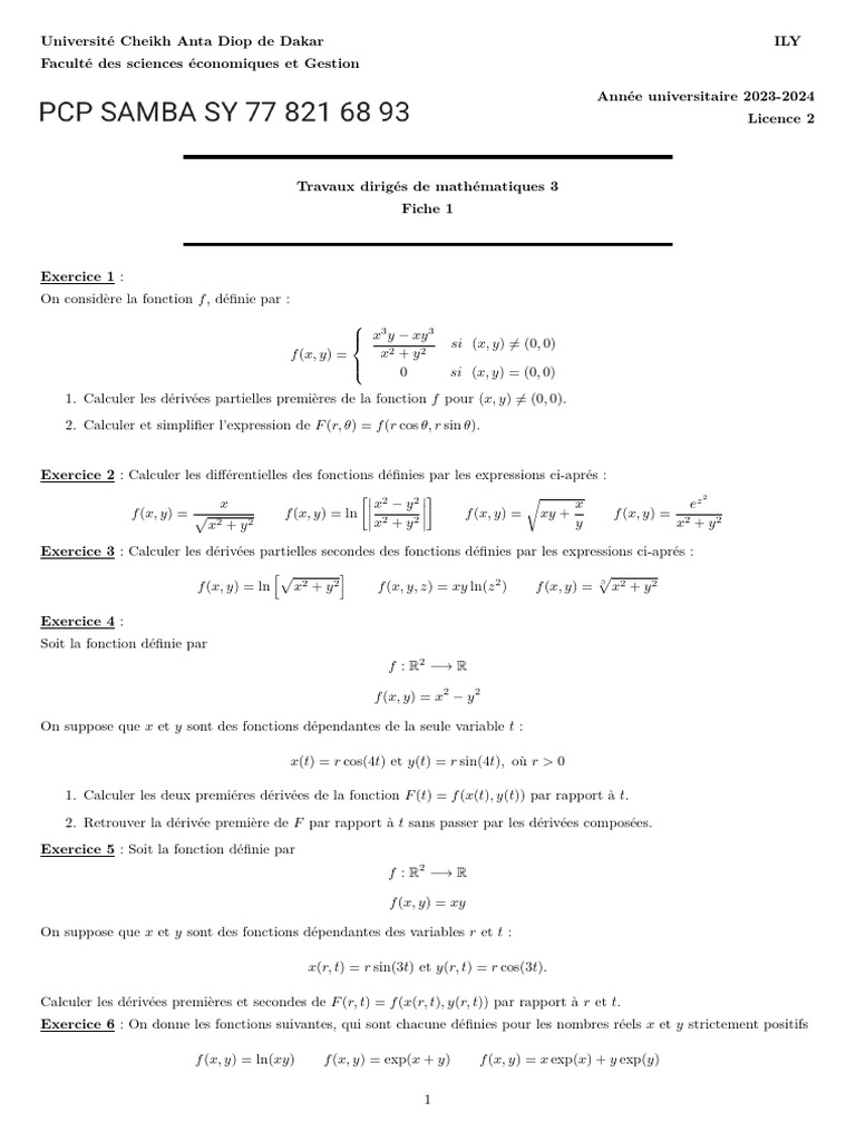 Fiche N°1 Maths3 L2 SEM1 2023-2024 - 240826 - 232706 | PDF
