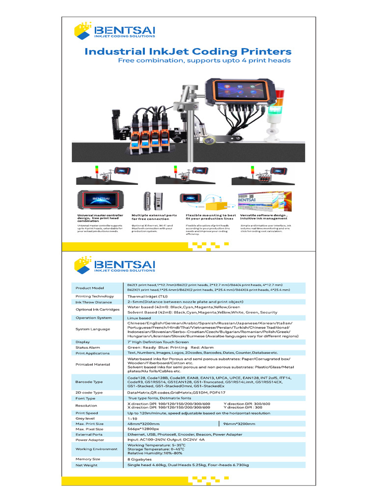 Bentsai B6 Series Industrial Inkjet Coding Printers-Specification Sheet ...