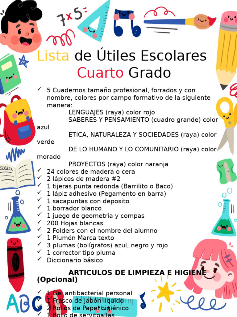 Utiles Escolares Cuarto Grado | PDF