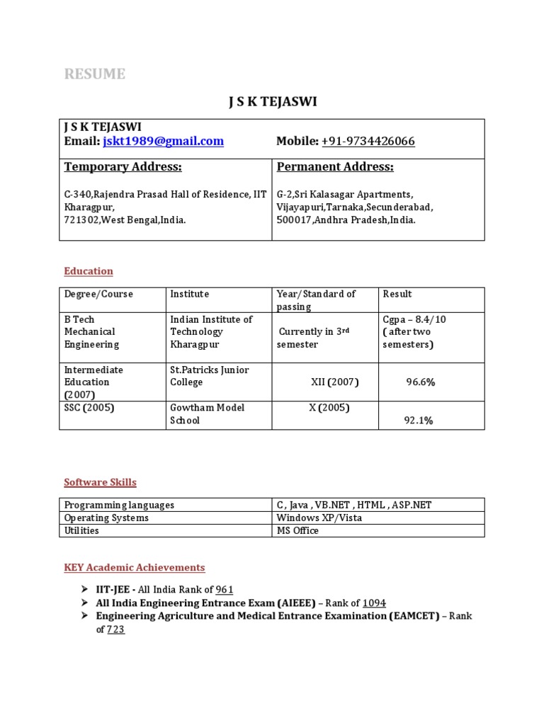 Resume: J S K Tejaswi | PDF | Software | Computing