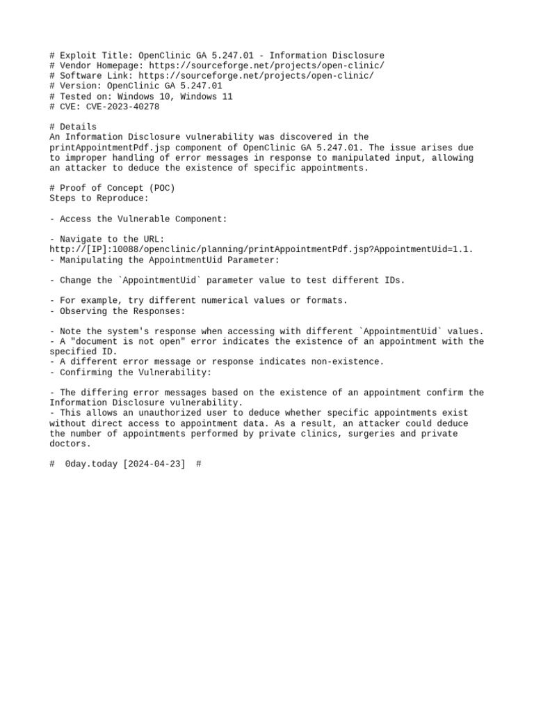 Openclinic GA 5.247.01 - Information Disclosure Vulnerability | PDF