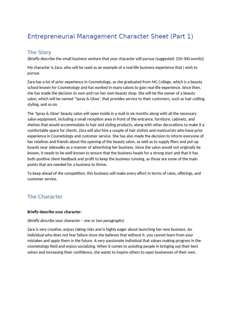 Entrepreneurial Management Character Sheet - Simrit Gill ENTR2262 O01 ...