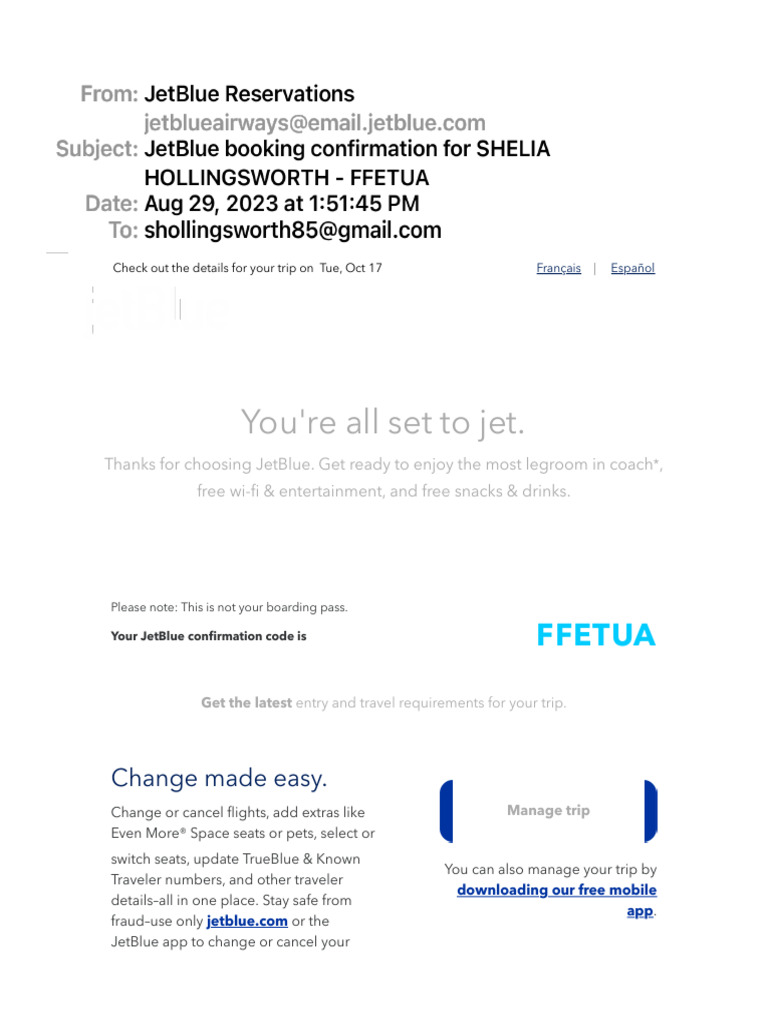 JetBlue Booking Confirmation For SHELIA HOLLINGSWORTH - FFETUA | PDF
