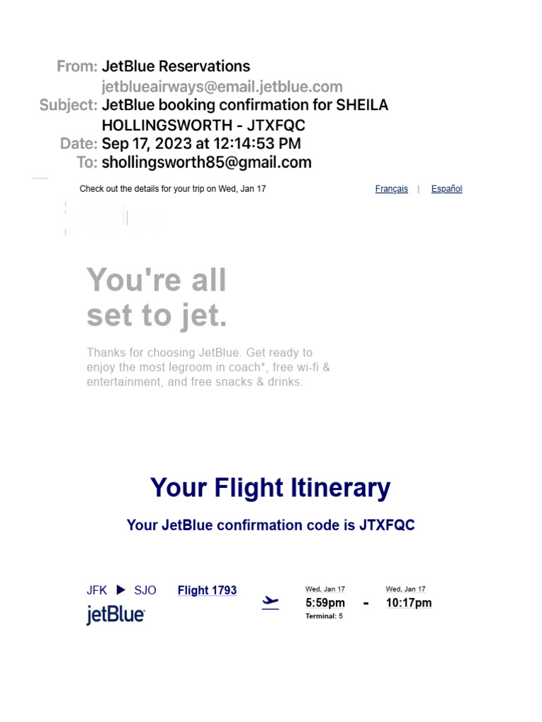 JetBlue Booking Confirmation For SHEILA HOLLINGSWORTH - JTXFQC | PDF