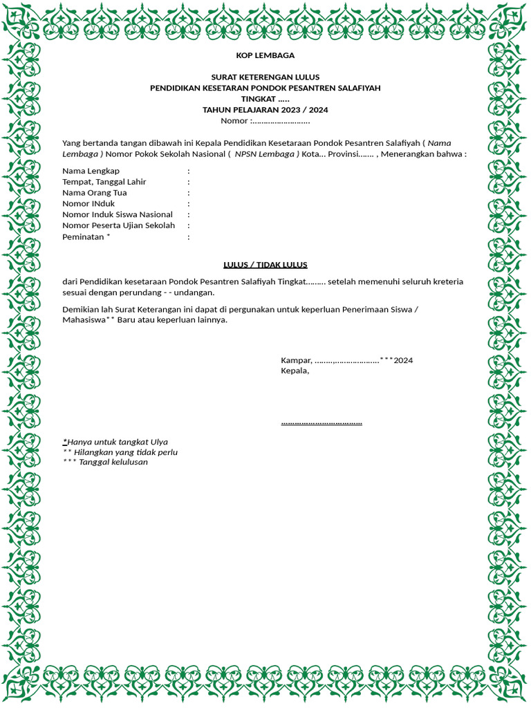 Contoh Format SKL Versi Tanpa Nilai | PDF