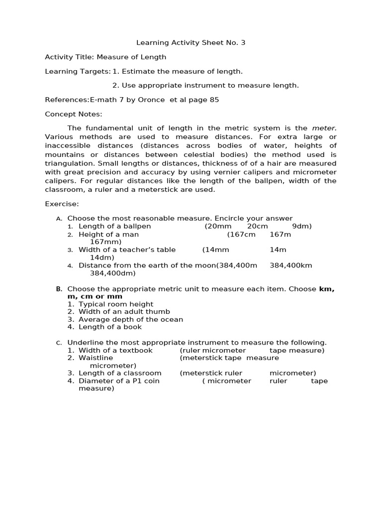 Learning Activity Sheet No 3 (Measure of Length) | PDF