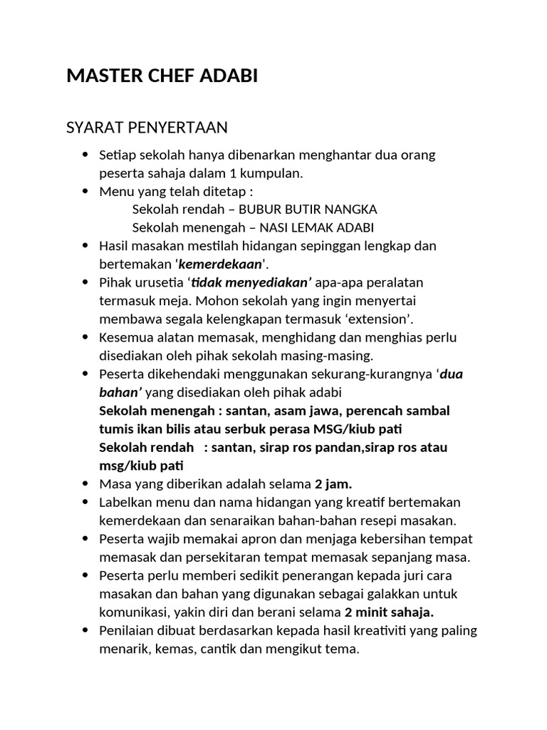 SYARAT PENYERTAAN PERTANDINGAN Master Chef Adabi | PDF