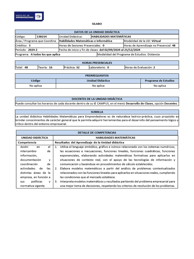 Silabo IE - Habilidades Matemáticas - 2024 - II - AD | PDF