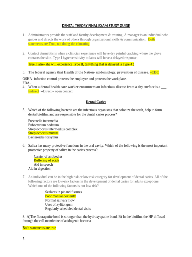 Dental Theory Final Exam Study Guide | PDF