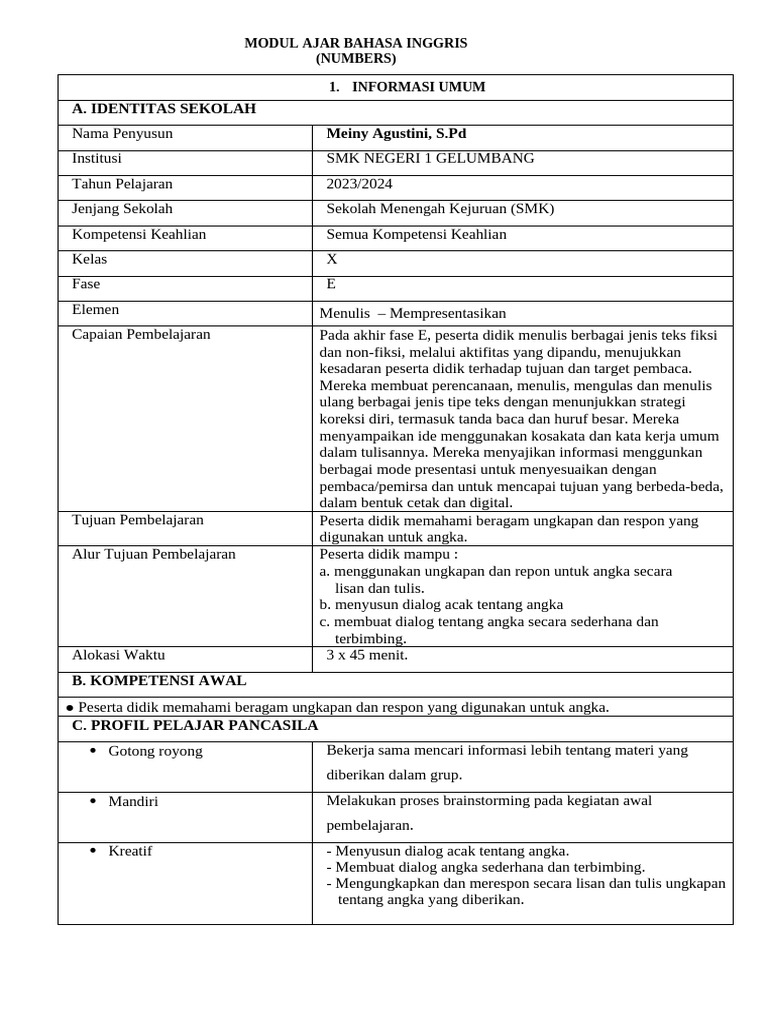 2023_MEY_MODUL AJAR_X_NUMBERS_MENULIS MEMPRESENTASIKAN | PDF
