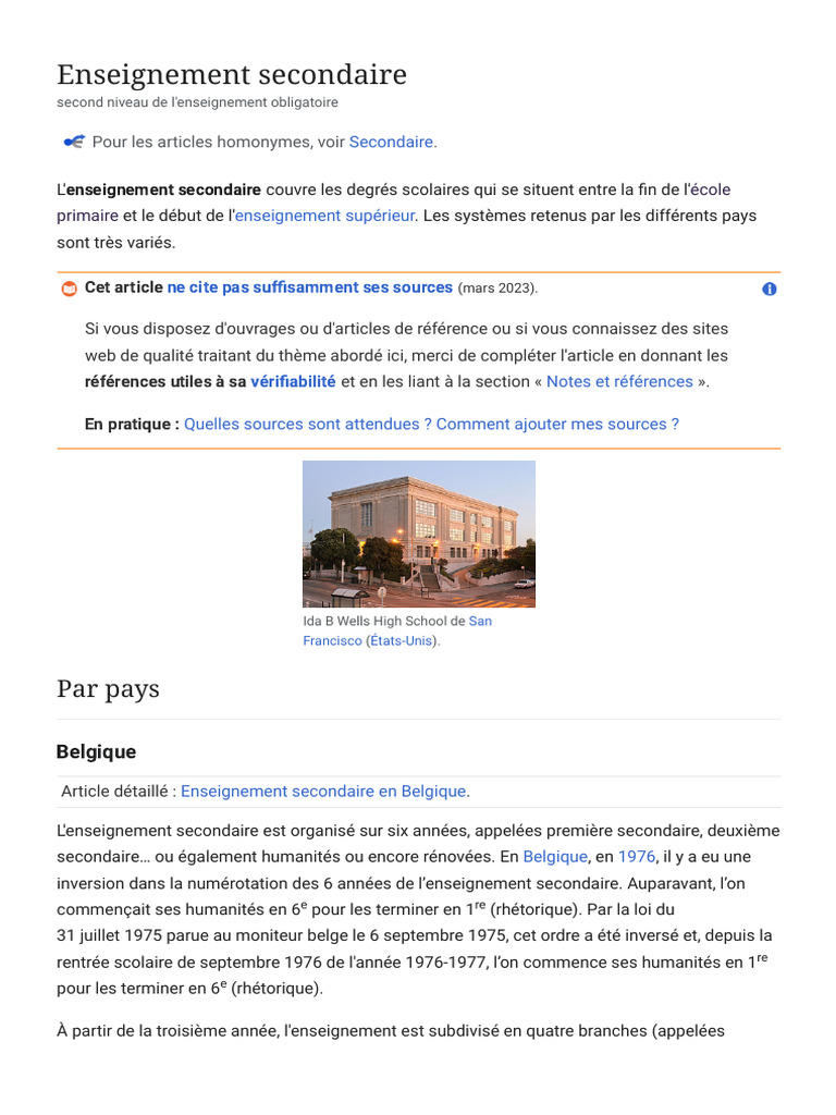 Enseignement Secondaire - Wikipédia | PDF