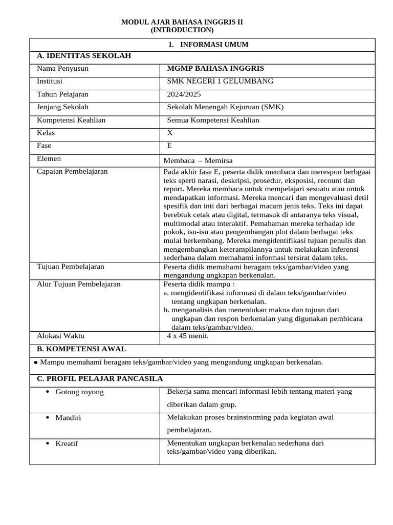 Nov - Modul Ajar Ii - X Introduction | PDF