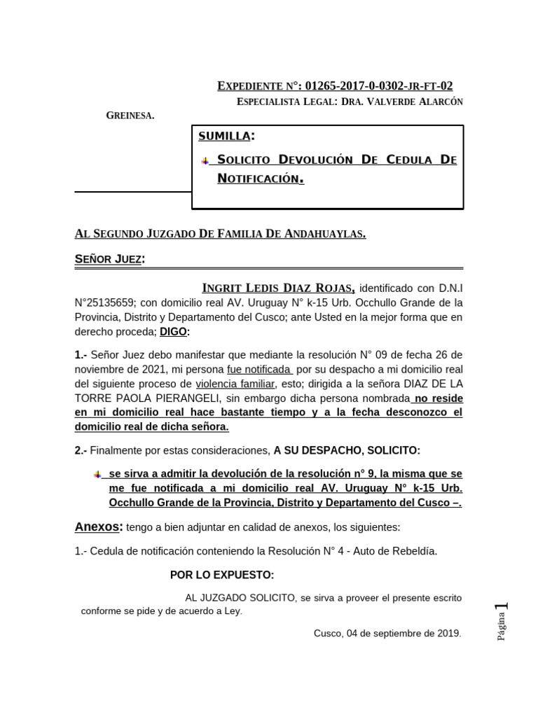 14 Escrito de Devolucion Cedula de Notificacion | PDF