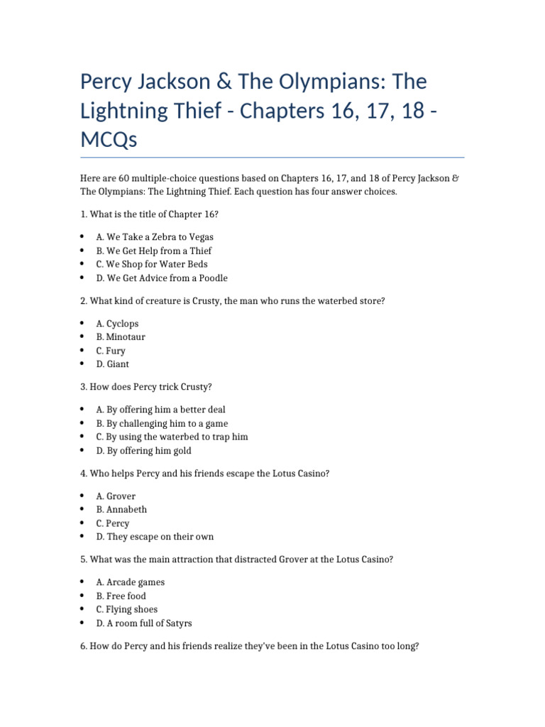 Percy Jackson Lightning Thief MCQs | PDF | Hades | Poetry