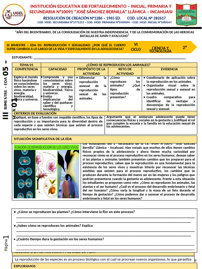 2° SEC. EDA 5 SEMANA 1 Explica CYT 2023 Cómo Se Reproducen Los Animales | PDF