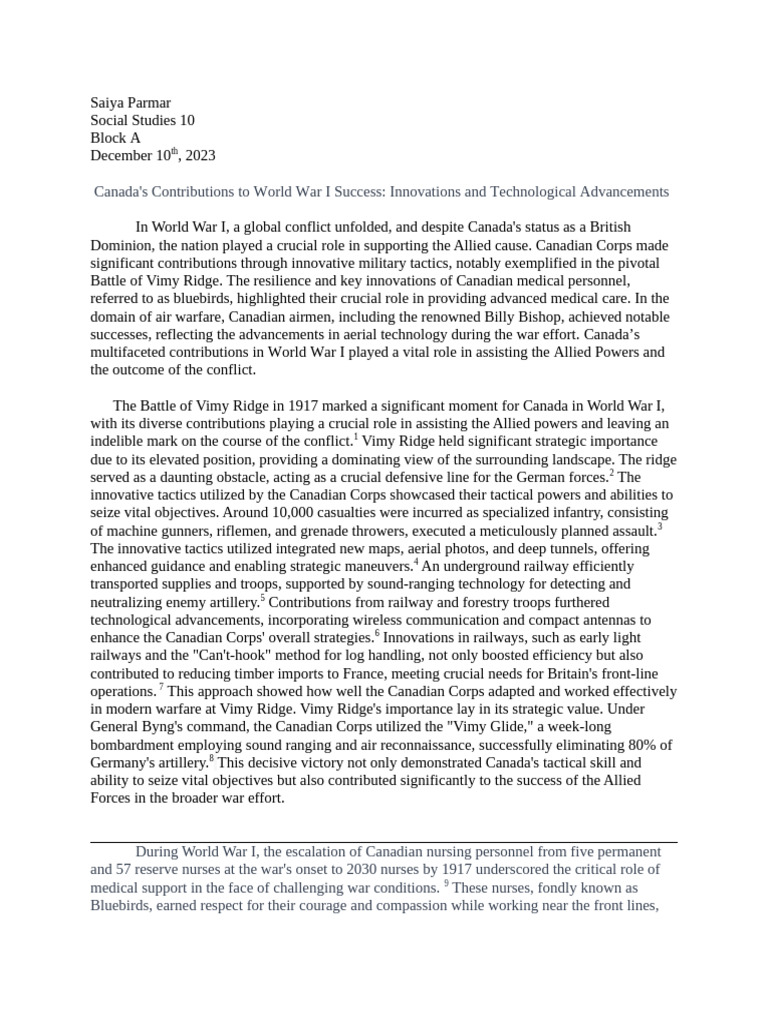 WWI Socials 10 Paper | PDF