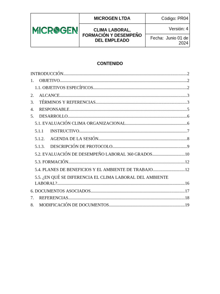 PR04 Clima Laboral, Formación y Desempeño Del Empleado - Versión 4 | PDF