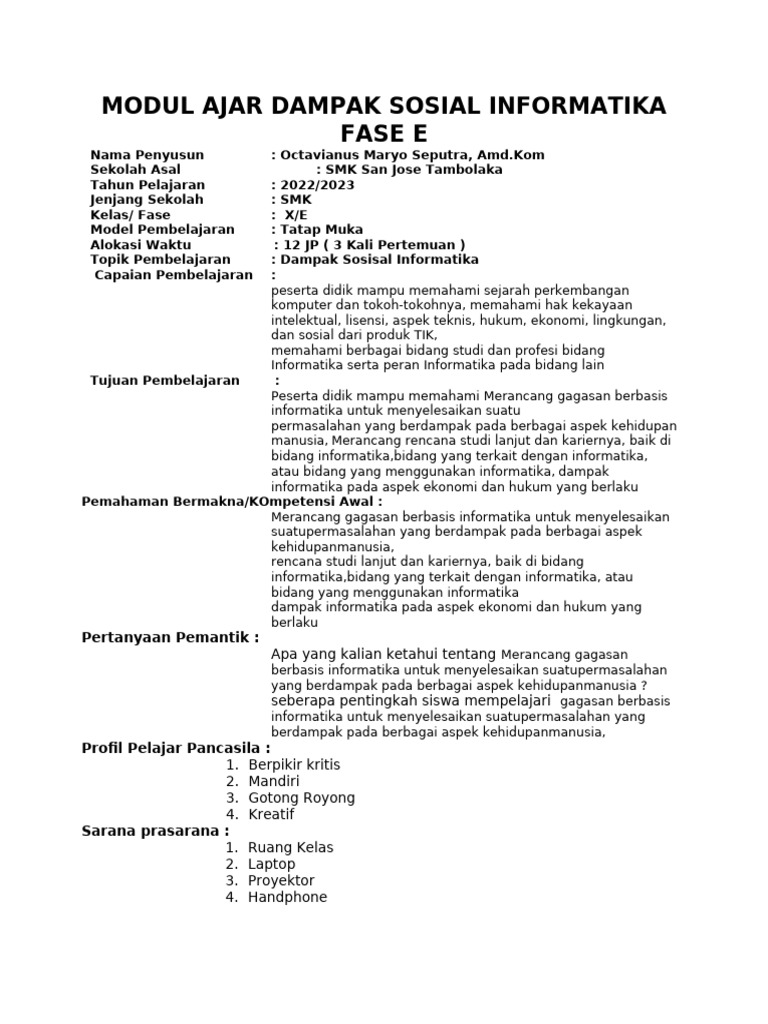Dampak Sosial Informatika Modul Ajar (Elemen 7) | PDF