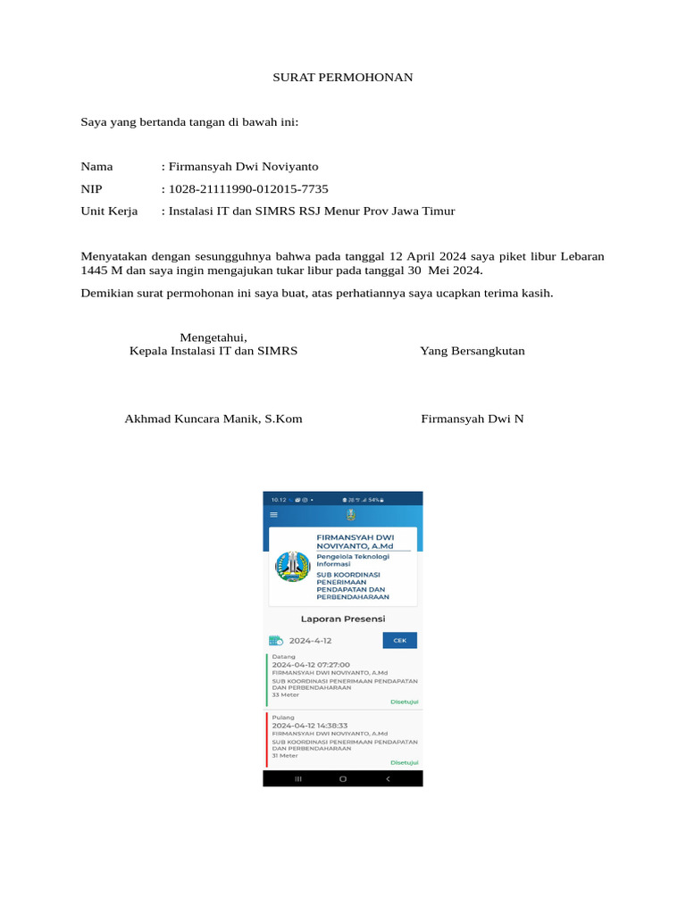 SURAT Permohonan Tukar Libur | PDF