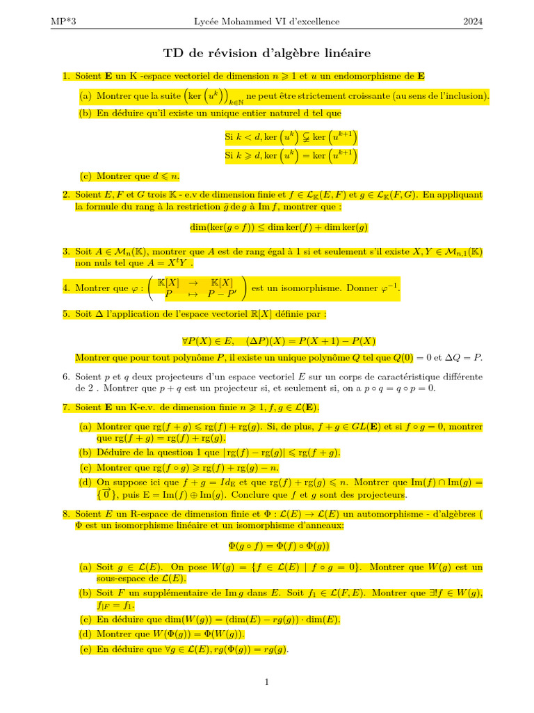 TD Algèbre Linéaire Révision Mpe3 2024 | PDF