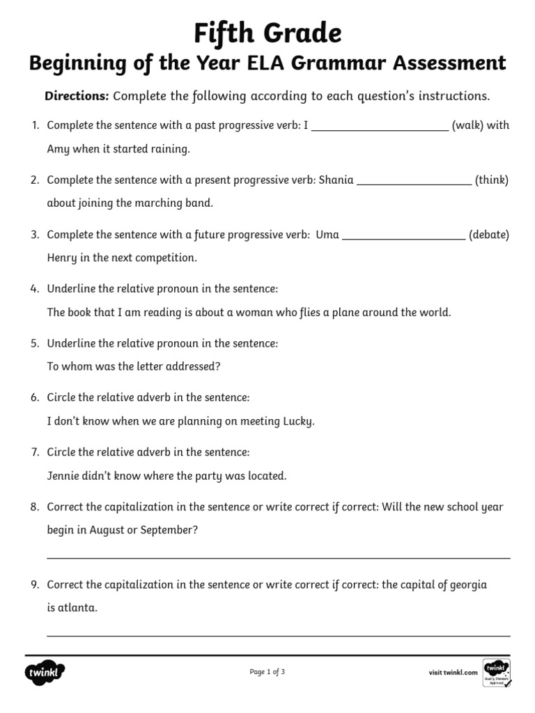 Fifth Grade Beginning of the Year ELA Grammar Assessment | PDF