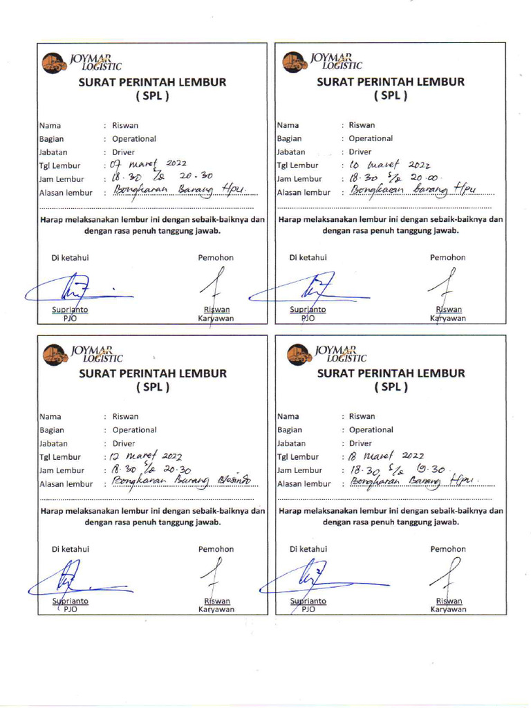 Lembur Riswan Bulan Maret 2022 | PDF