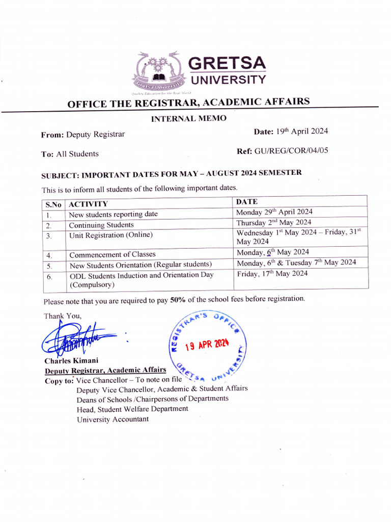 Important Dates For May - August 2024 Semester | PDF