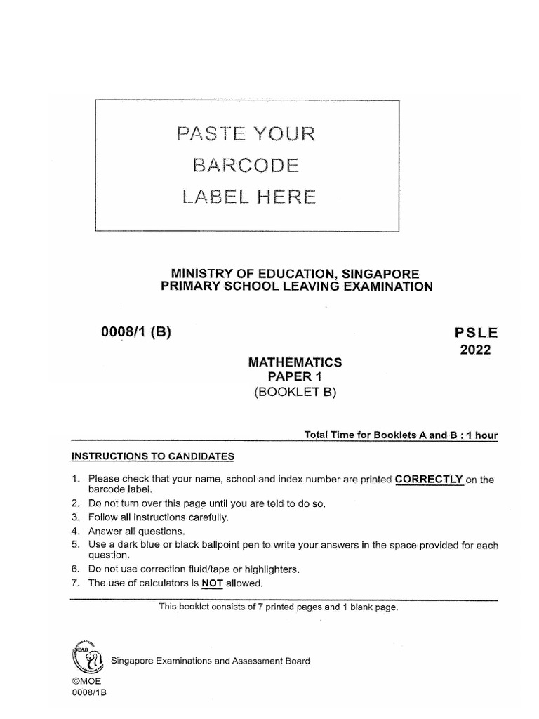 PSLE Maths 2022 Paper 1 Booklet B | PDF