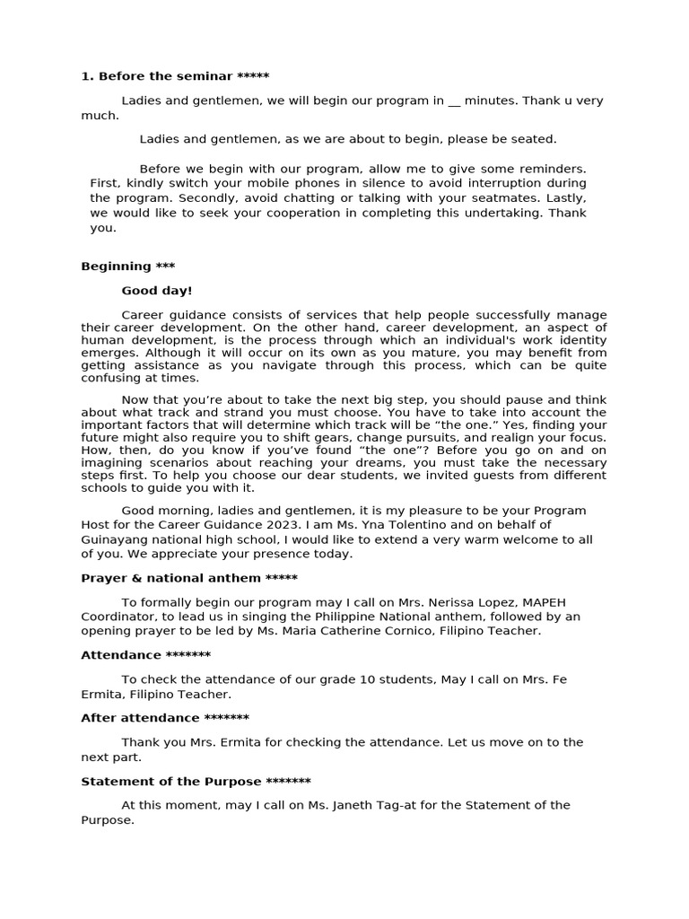 Career Guidance Emcee Script | PDF