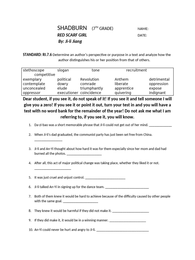 7th Grade Voc and Book Test | PDF