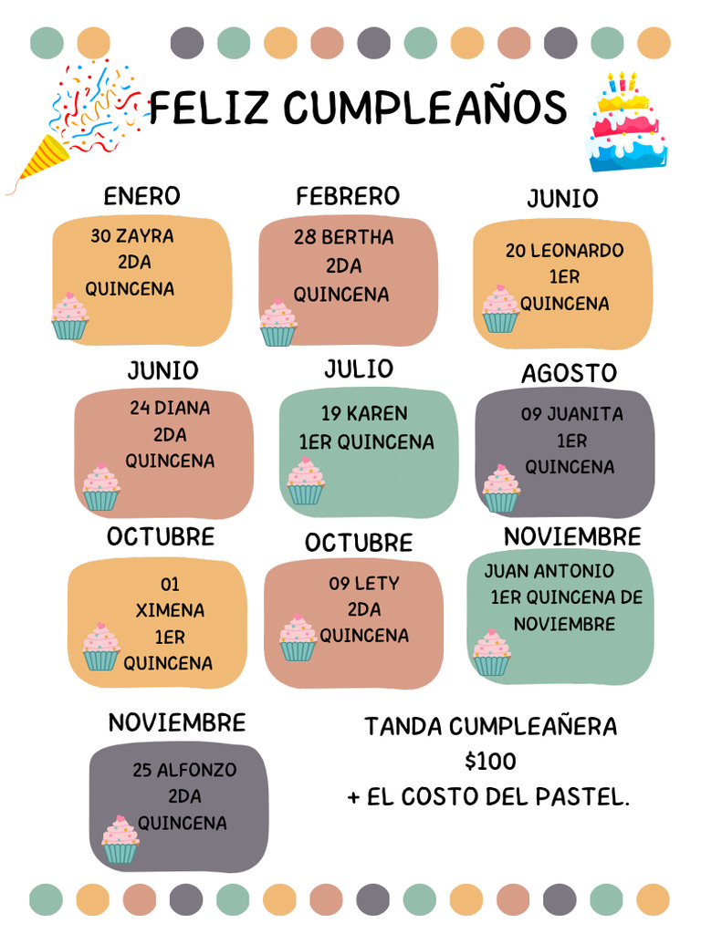 Calendario de Cumpleaños y Tanda | PDF