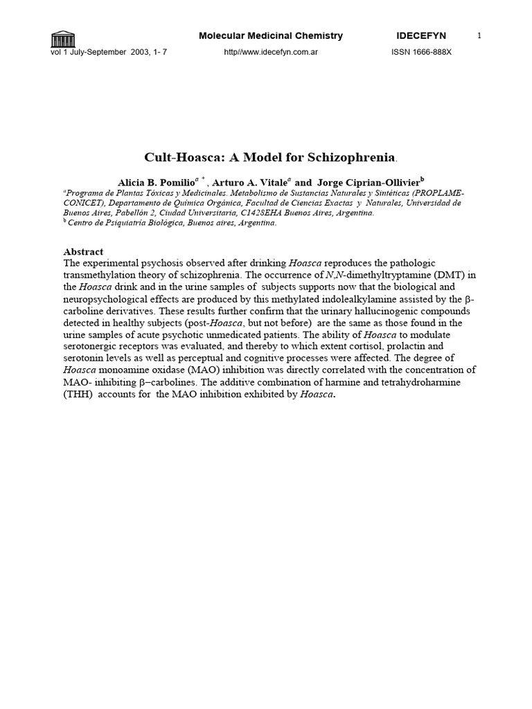 Cult-Hoasca: A Model For Schizophrenia: Alicia B. Pomilio Arturo A ...