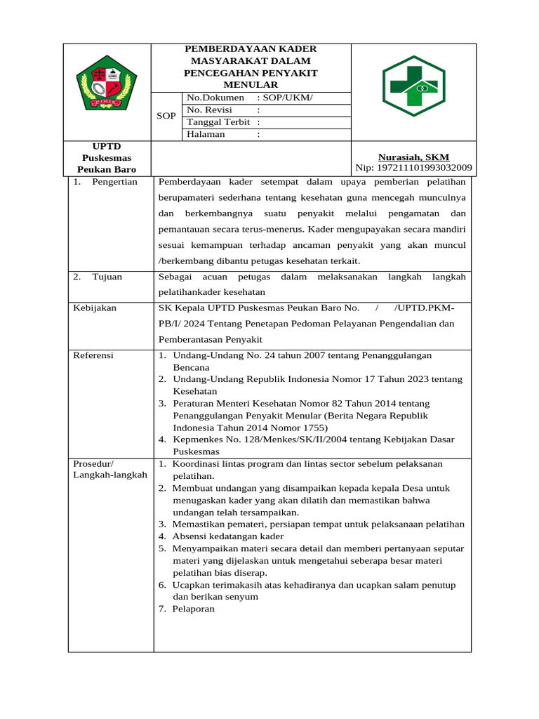 3 SOP Pemberdayaan Kader Masyarakat Dalam Pencegahan Penyakit Menular | PDF