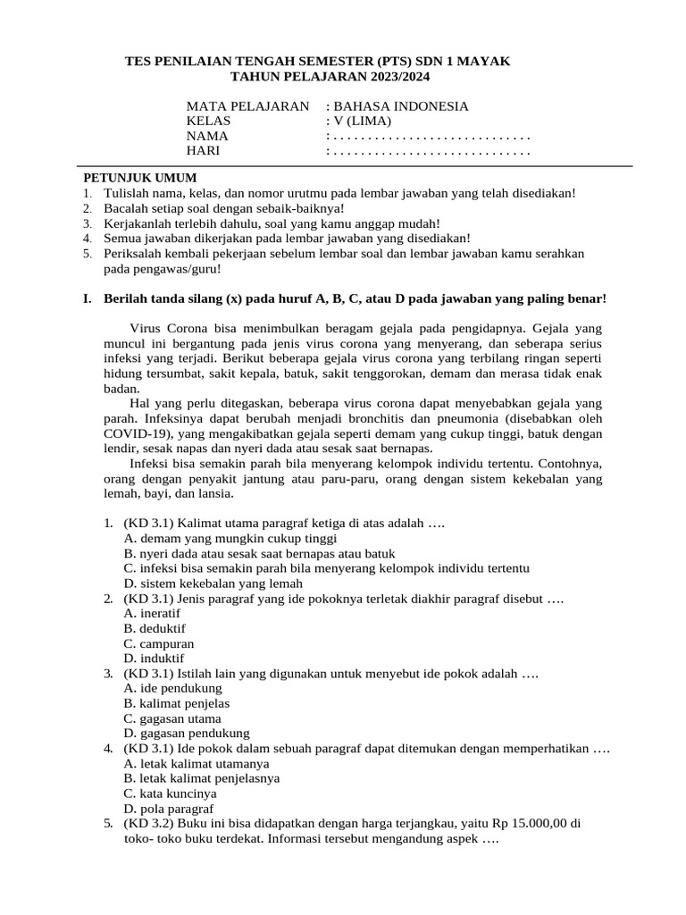 Soal & Jawaban PTS Bahasa Indonesia Kelas 5 Semester 1 KTSP | PDF