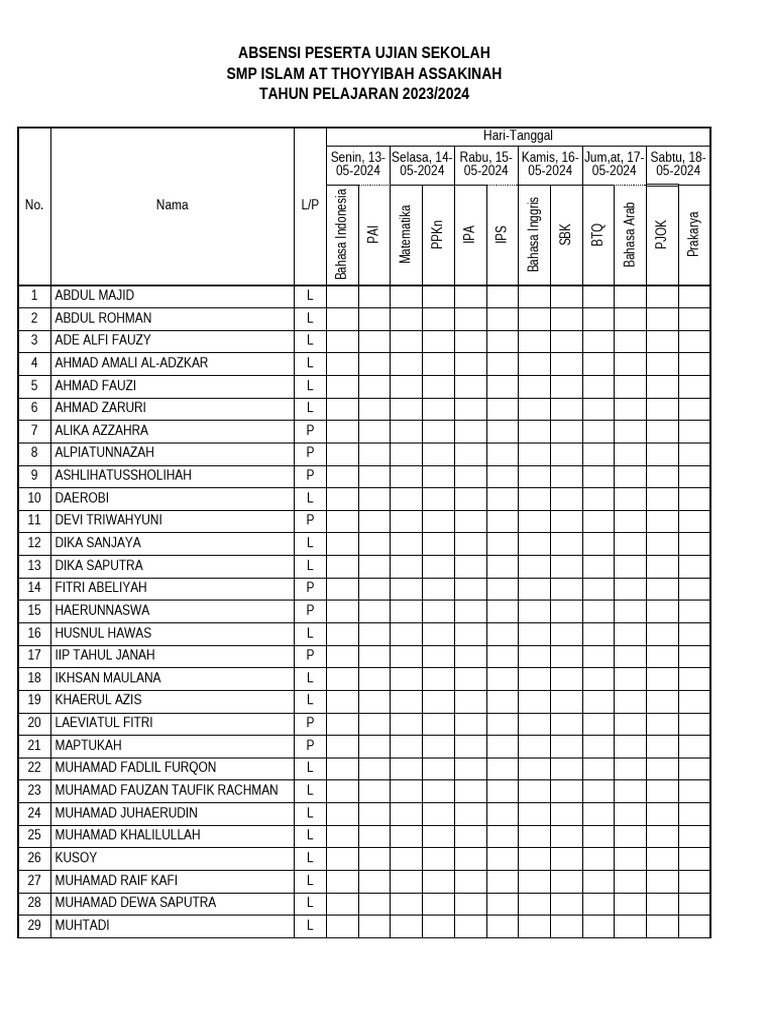 Absensi Pelaksanaan US | PDF