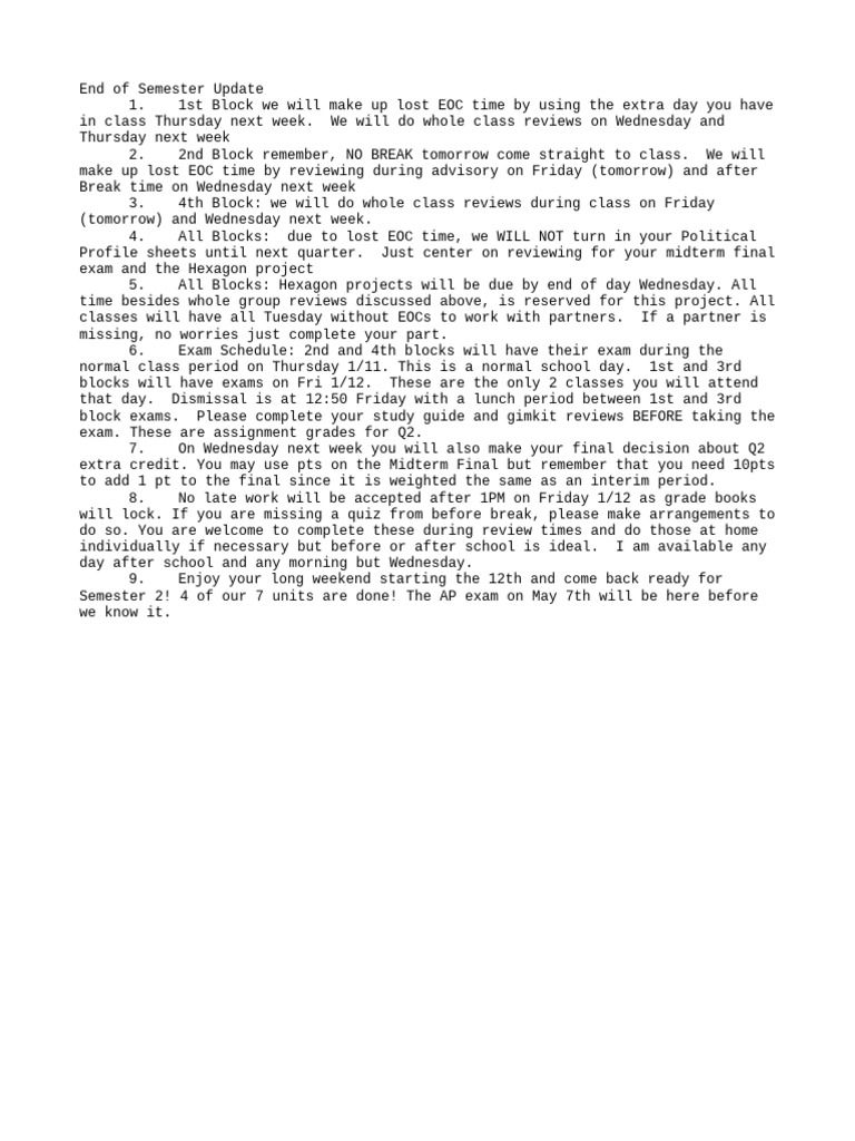 End of Semester Update | PDF | Career & Growth | Language Arts & Discipline
