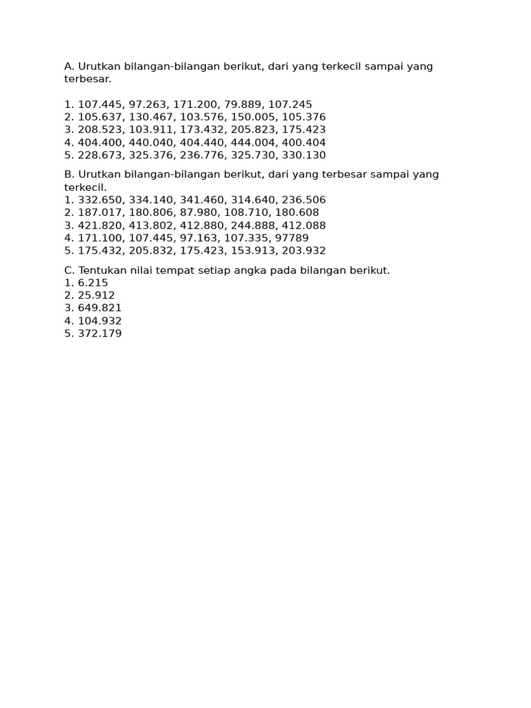 Soal Mengurutkan & Membandingkan Bilangan Cacah 1 Juta | PDF