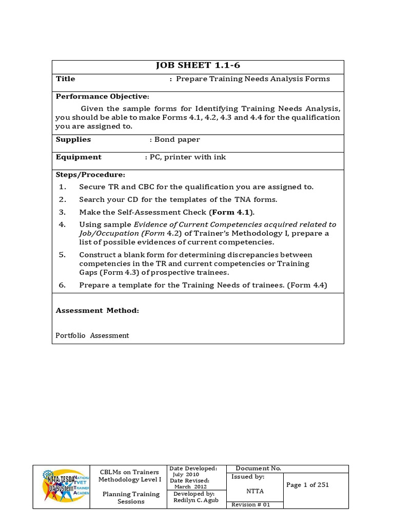 JOB SHEET 1.1 6 Prepare Training Needs Analysis Forms | PDF | Methodology | Career & Growth