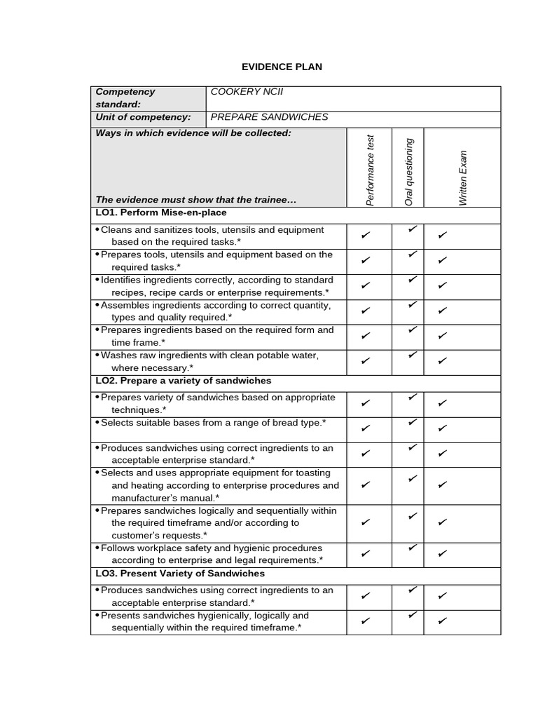 Evidence Plan For Cookery | PDF