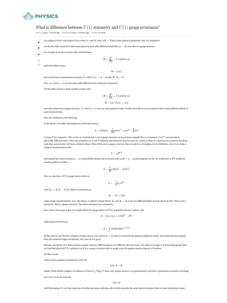 Quantum Field Theory - What Is Difference Between $U (1) $ Symmetry and ...