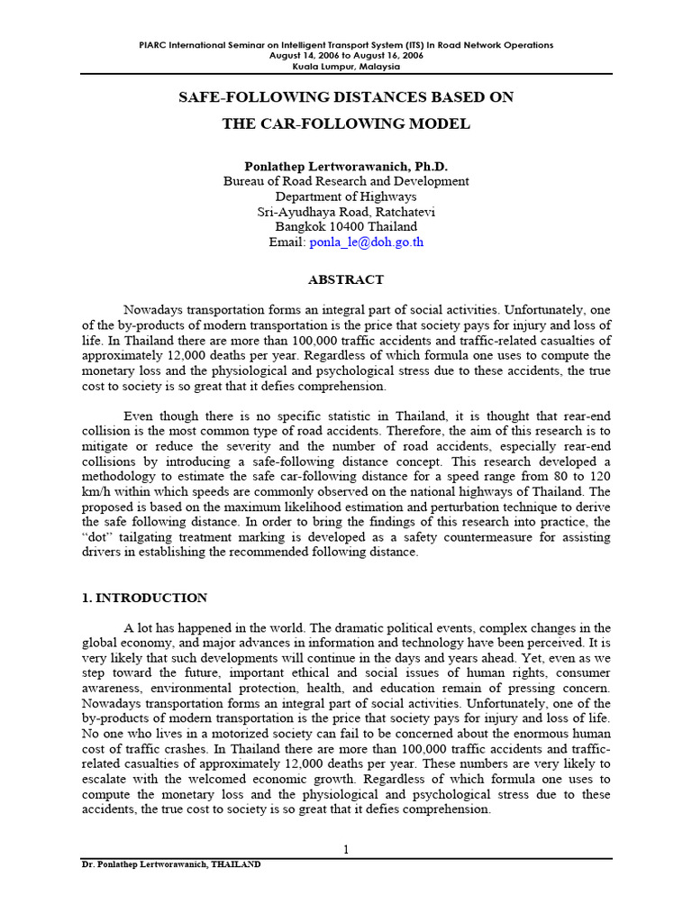 SAFE-FOLLOWING DISTANCES BASED ON THE CAR-FOLLOWING MODEL Ponlathep ...