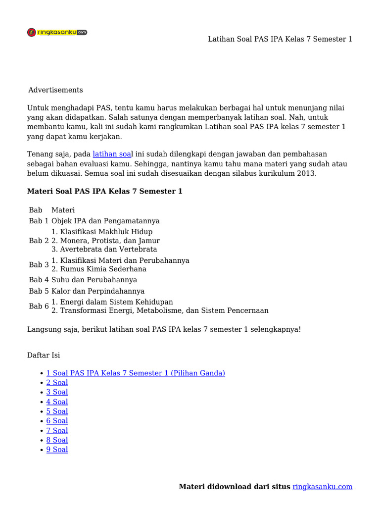 Latihan Soal PAS IPA Kelas 7 Semester 1 | PDF