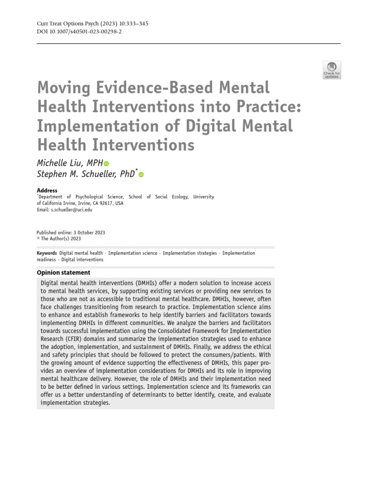 Moving Evidence Based Mental Health Interventions Into Practice: Implementation of Digital ...