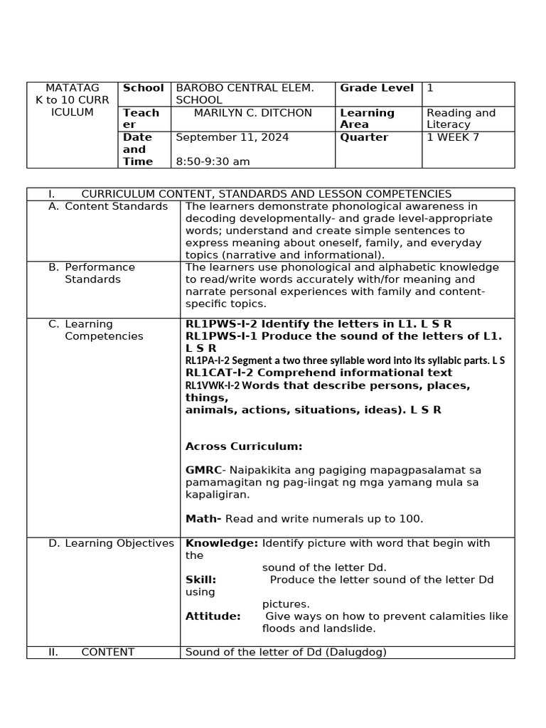 1ST CO MATATAG Lesson Plan - Reading and Literacy Q1 | PDF