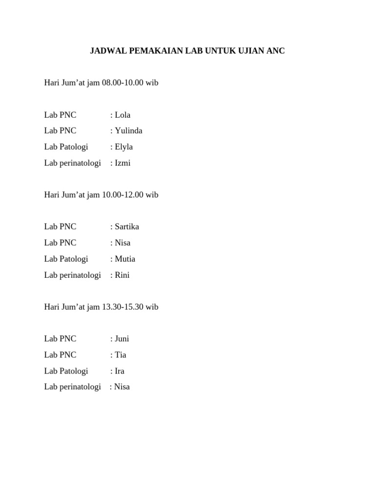 Jadwal Pemakaian Lab Untuk Ujian Anc | PDF