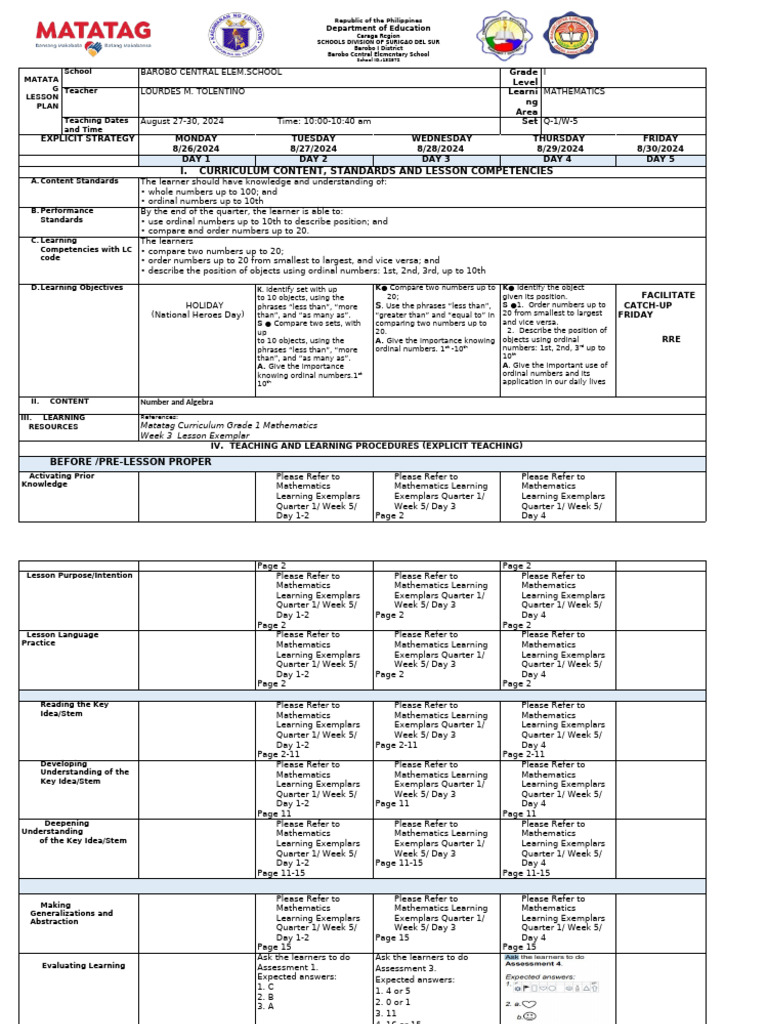 Matatag DLL Math - q1 Week 5 | PDF